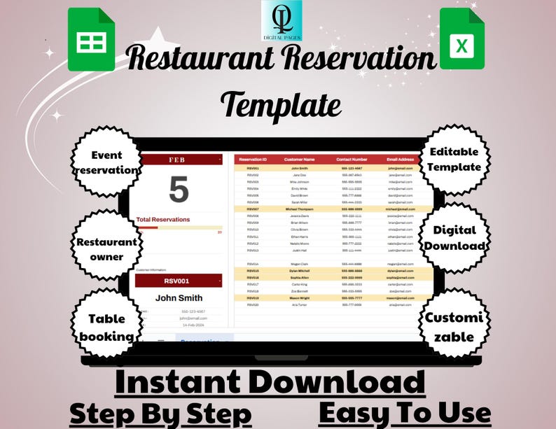 Restaurant Reservation Template, Editable Google Sheets, Digital ...