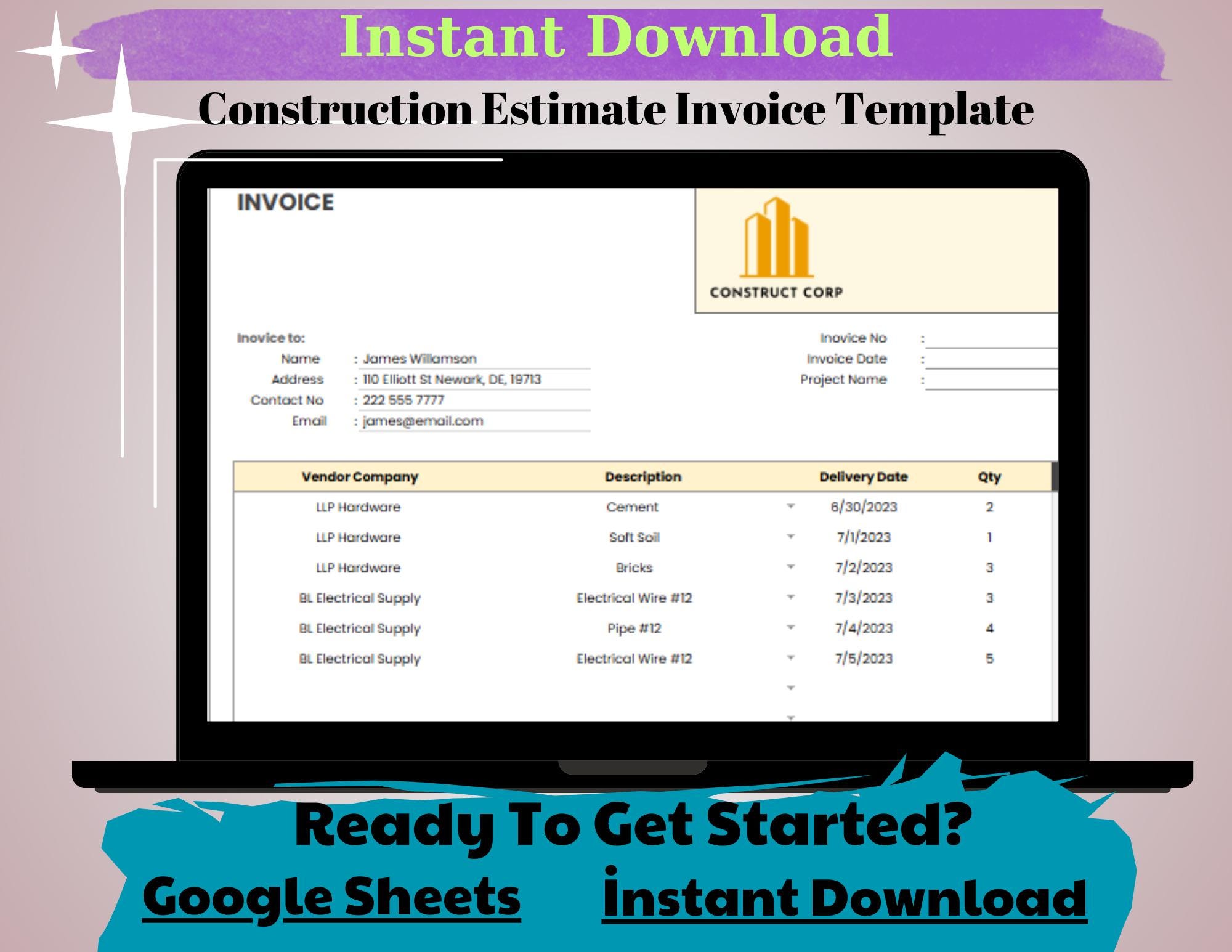 Construction Estimate Invoice Template, Digital Download, Editable ...