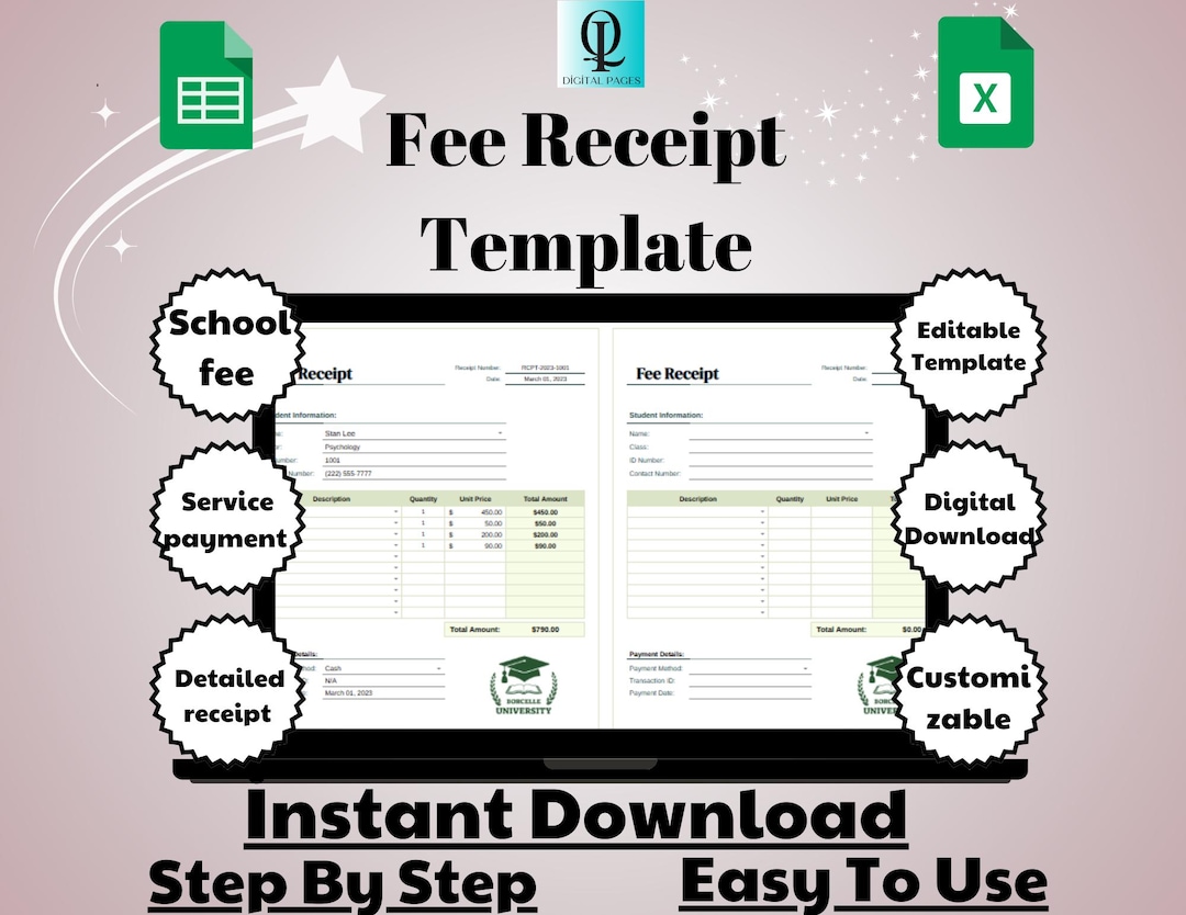 Fee Receipt Template, Digital Download, Editable and Easy to Use ...