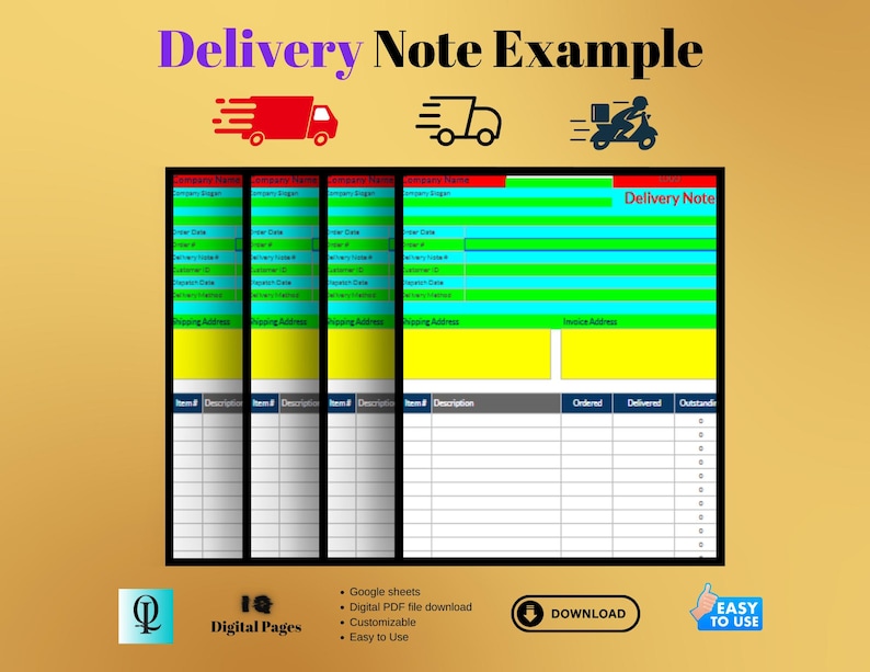 Delivery Note Example, Printable PDF & Editable Template, Business ...