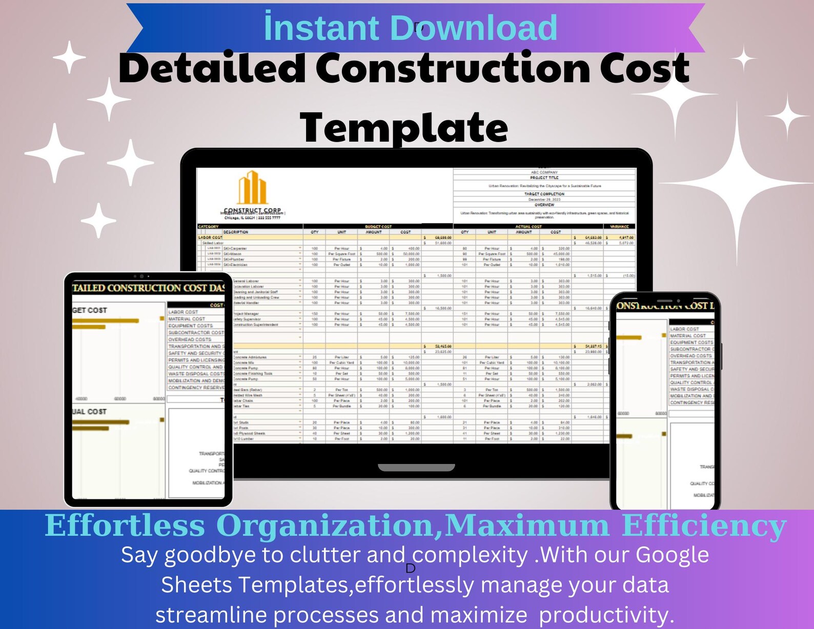 Detailed Construction Cost Template, Editable Google Sheets Budget ...