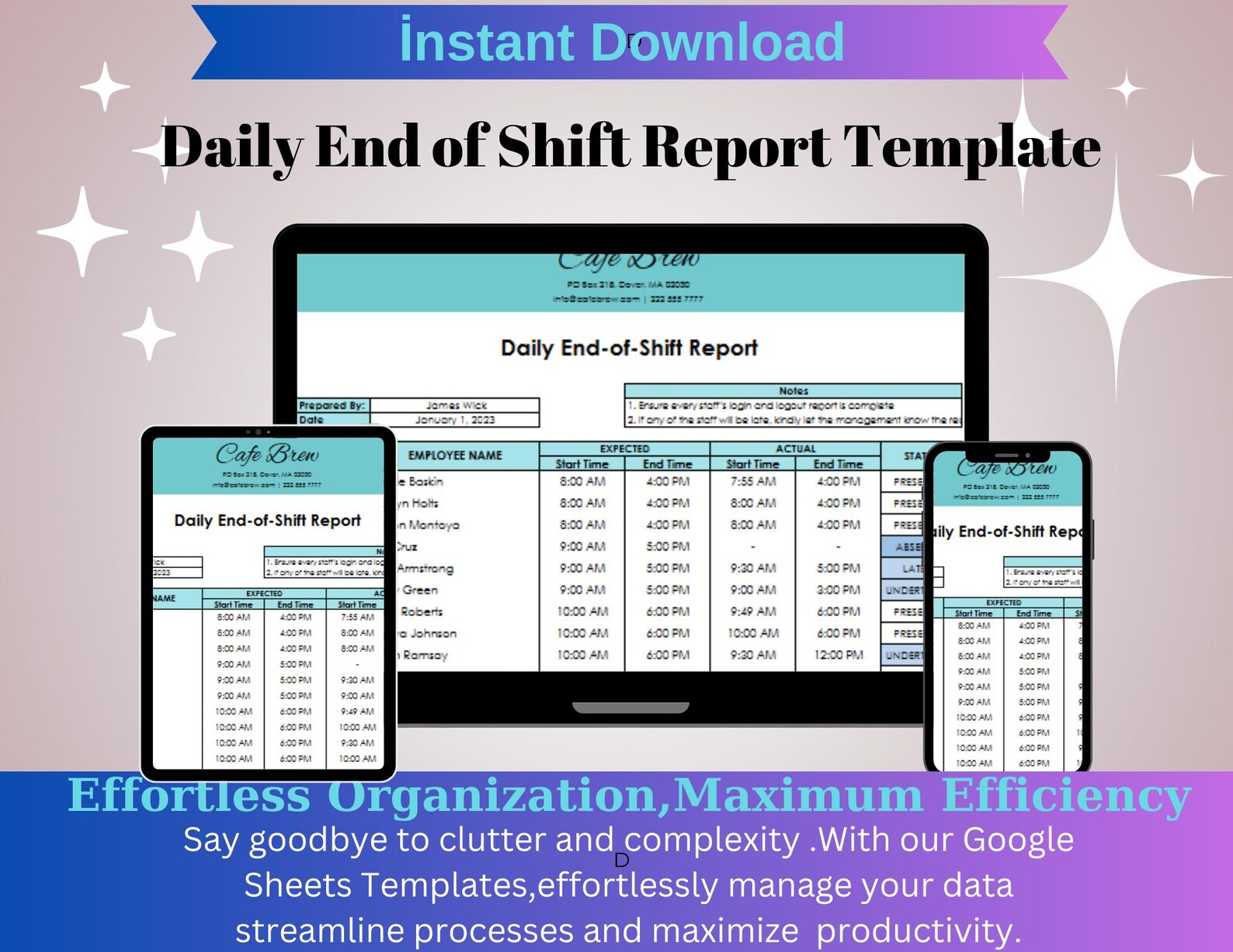 Daily End of Shift Report Template, Editable Google Sheets, Digital ...