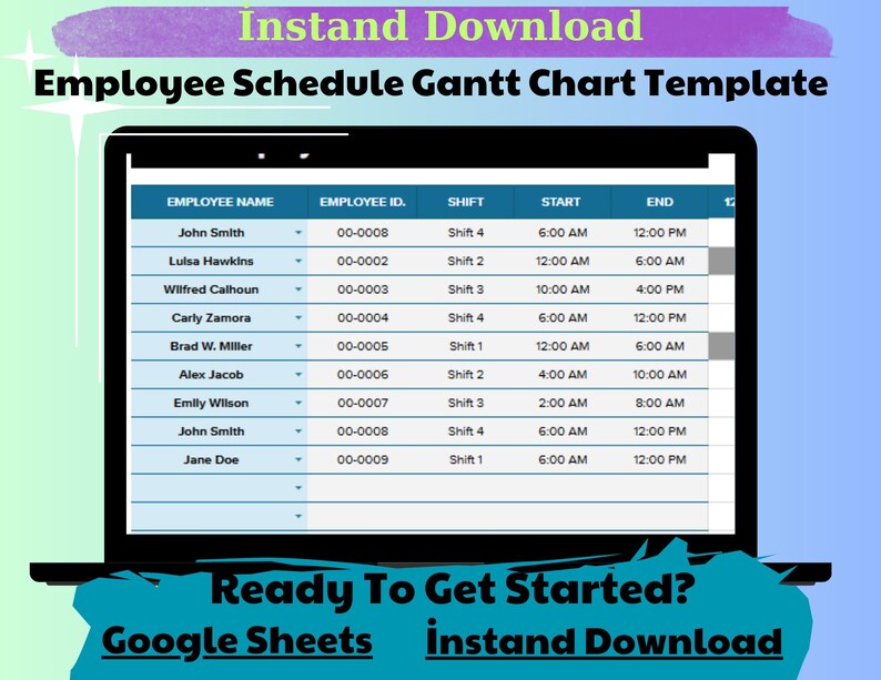 Employee Schedule Gantt Chart Template: Editable Google Sheets (digital ...