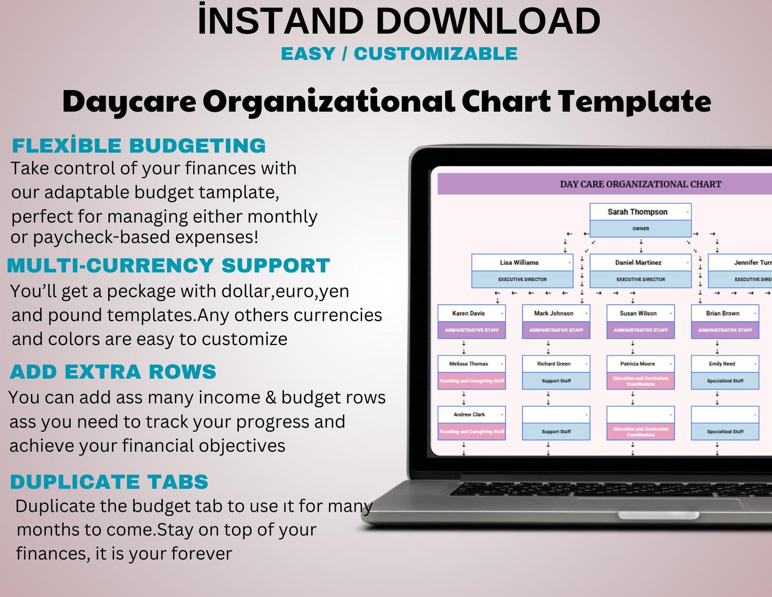 Daycare Organizational Chart Template, Editable PDF & Excel, Staff ...