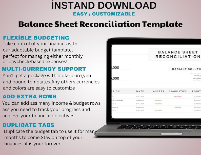 Balance Sheet Reconciliation Template: Editable Google Sheets (digital ...