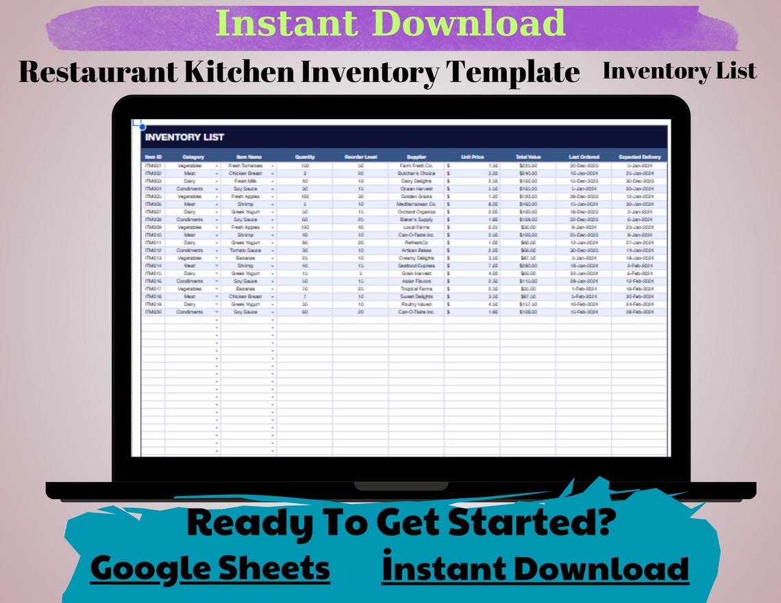 Restaurant Kitchen Inventory Template, Editable Google Sheets, Digital ...