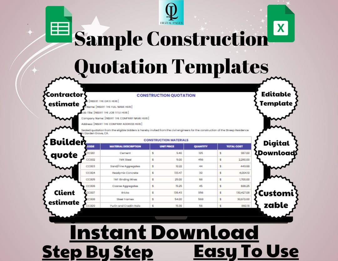 Sample Construction Quotation Templates, Digital Download, Editable ...