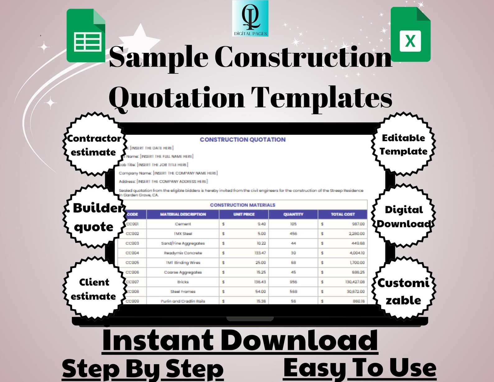 Sample Construction Quotation Templates, Digital Download, Editable ...