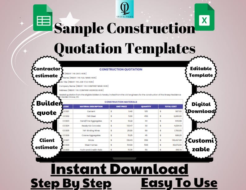 Sample Construction Quotation Templates, Digital Download, Editable ...