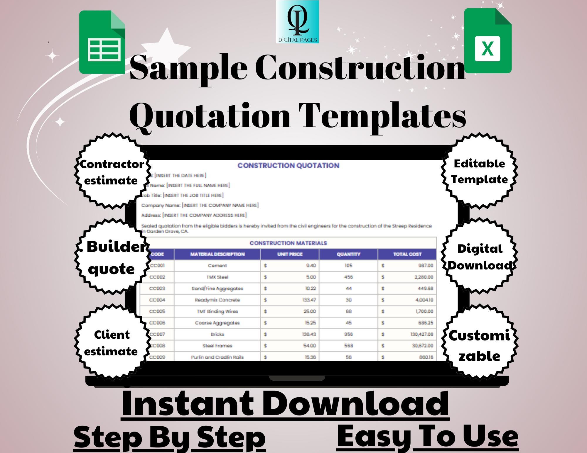 Sample Construction Quotation Templates, Digital Download, Editable ...