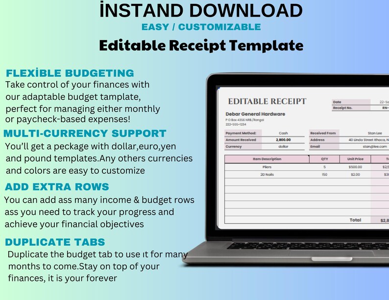 Editable Receipt Template, Google Sheets, Easy to Use Digital Download ...