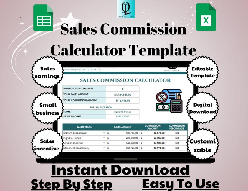 Sales Commission Calculator Template: Editable Google Sheets (digital ...
