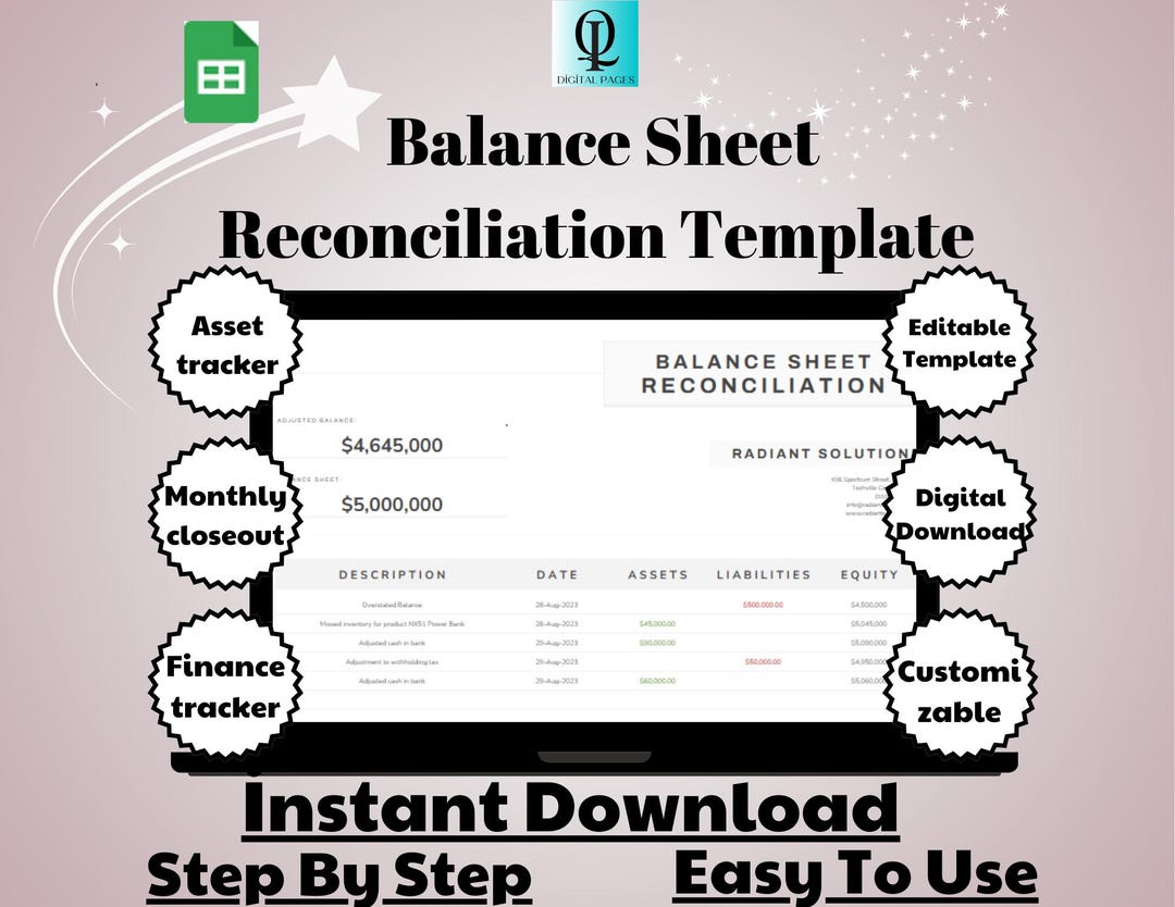 Balance Sheet Reconciliation Template: Editable Google Sheets (digital ...