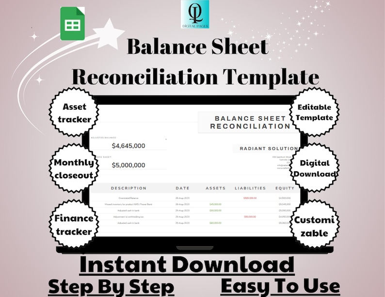 Balance Sheet Reconciliation Template: Editable Google Sheets (digital ...