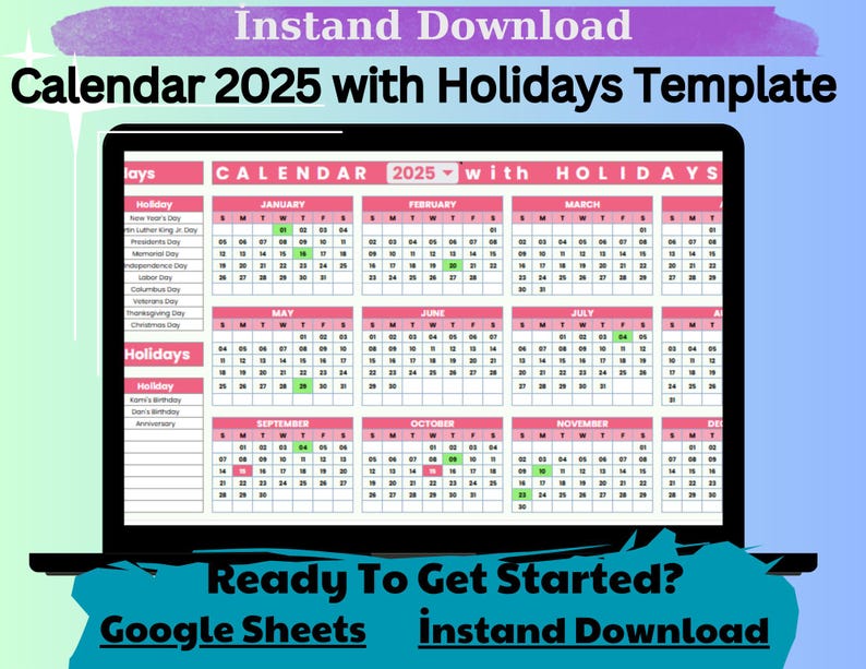 2025 Calendar With Holidays Template: Printable Yearly Planner (digital ...