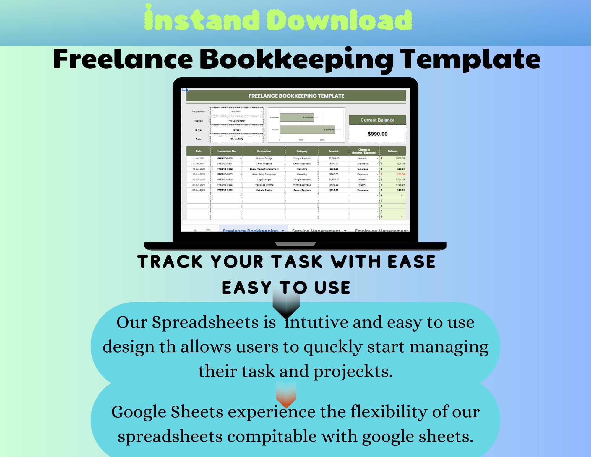 Freelance Bookkeeping Template,editable Google Sheets,digital Download for Tracking Income ...