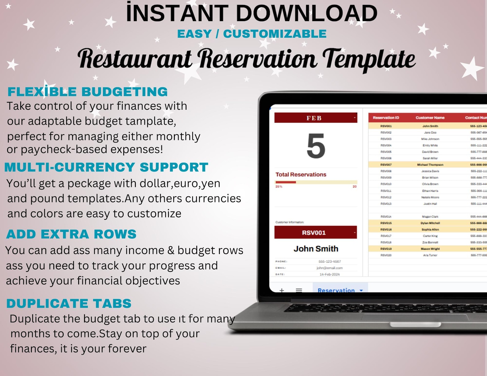 Restaurant Reservation Template, Editable Google Sheets, Digital ...