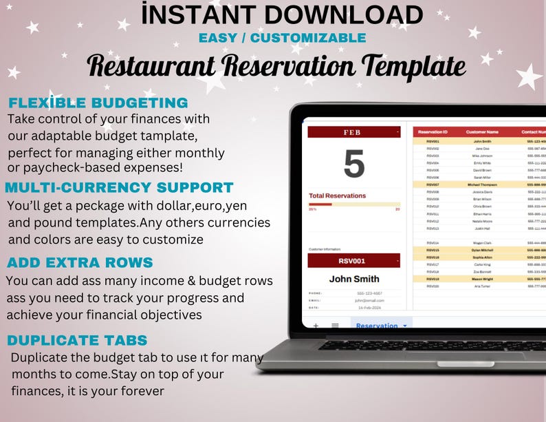 Restaurant Reservation Template, Editable Google Sheets, Digital ...