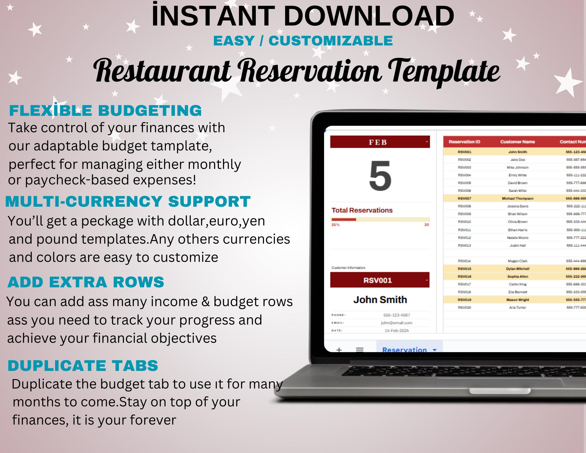 Restaurant Reservation Template, Editable Google Sheets, Digital ...