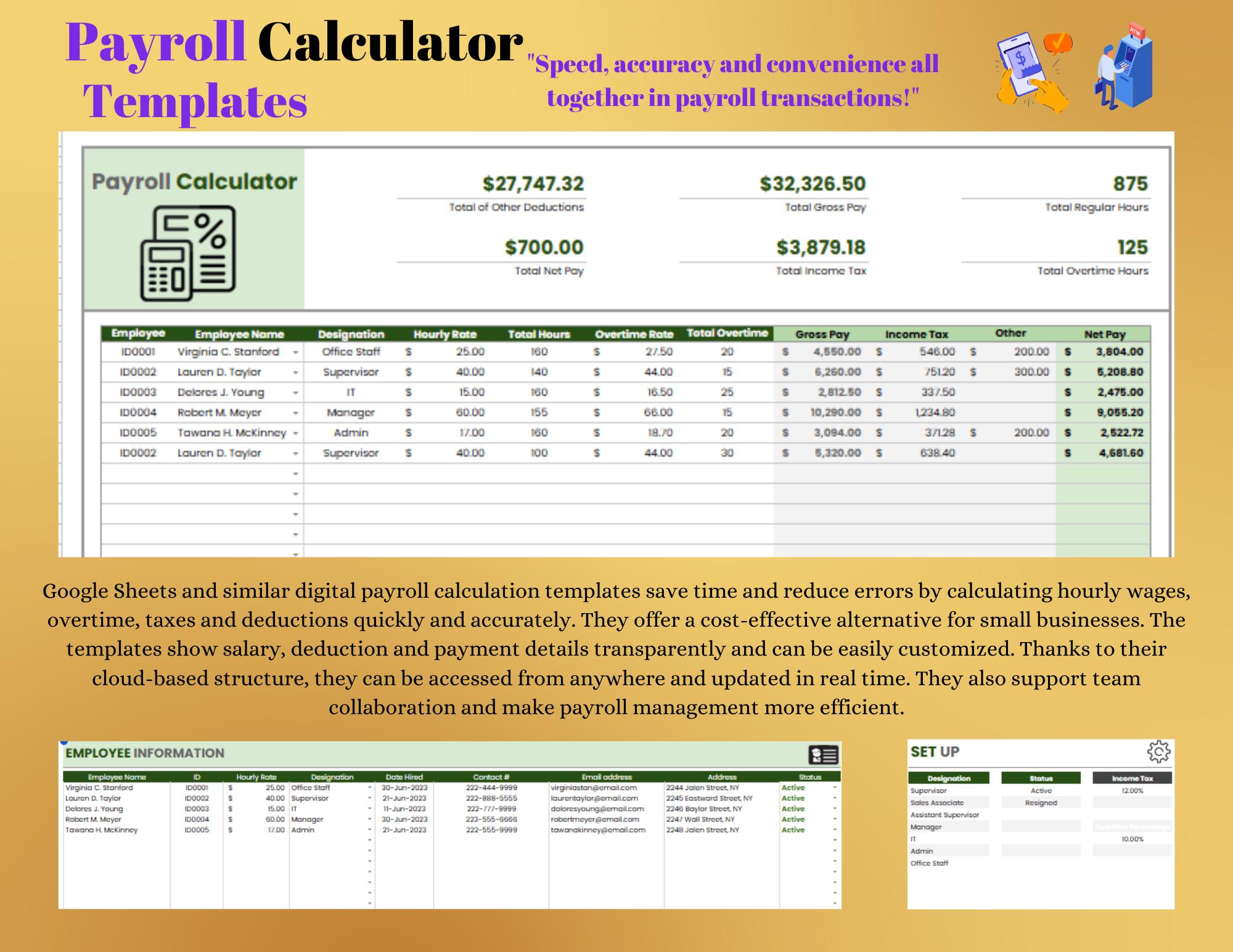 Payroll Calculator Template: Editable Google Sheets (digital Download ...