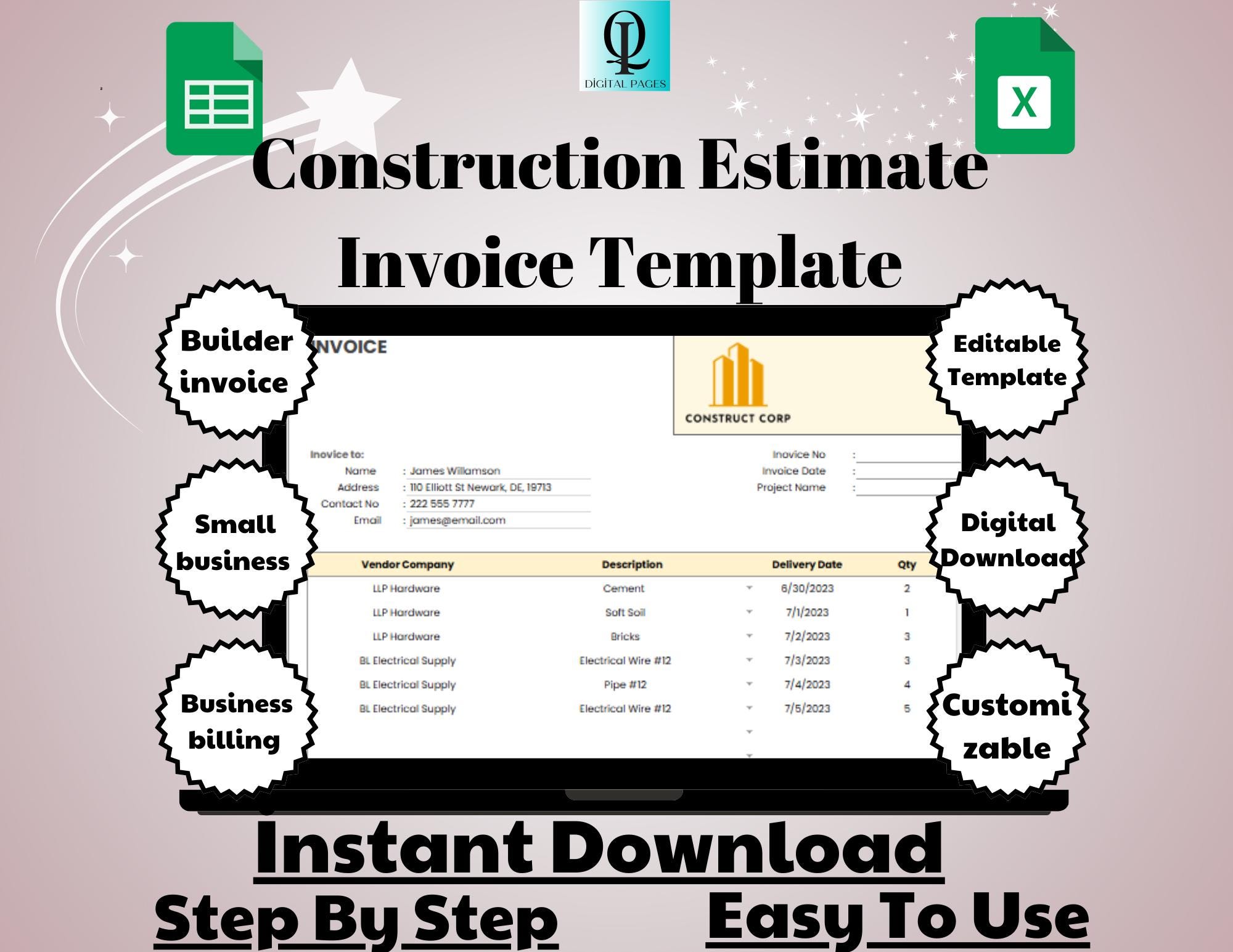 Construction Estimate Invoice Template, Digital Download, Editable ...