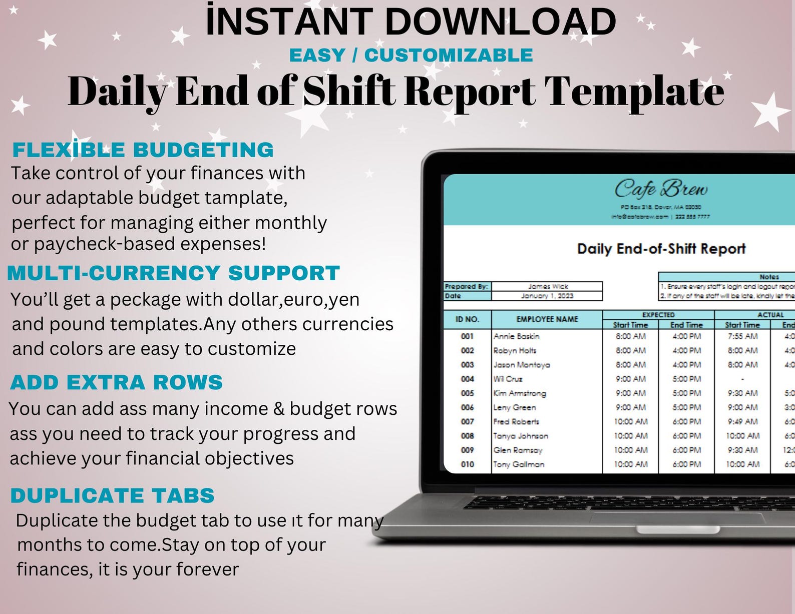 Daily End of Shift Report Template, Editable Google Sheets, Digital ...