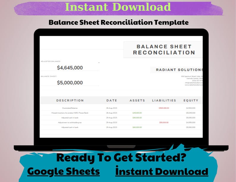 Balance Sheet Reconciliation Template: Editable Google Sheets (digital ...