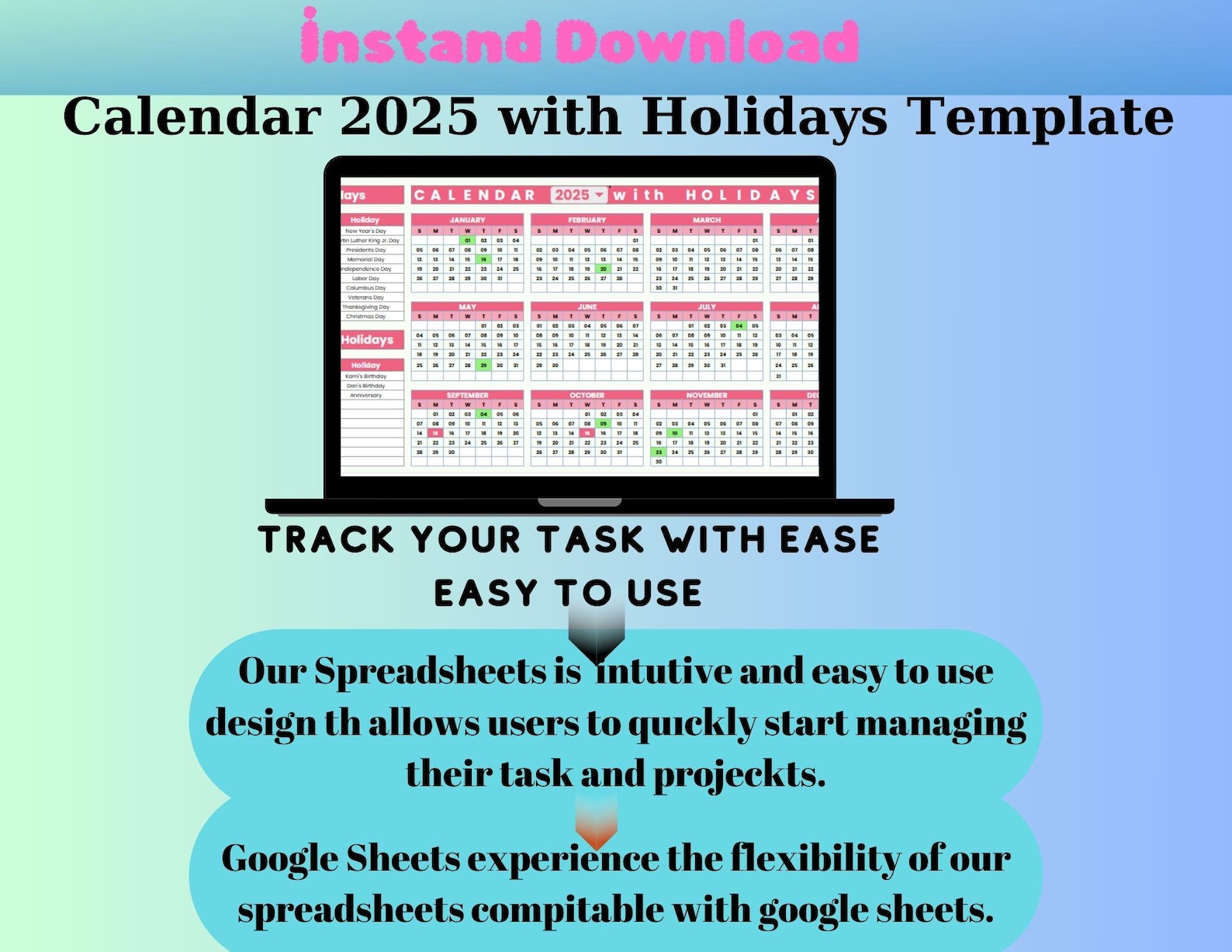 2025 Calendar With Holidays Template: Printable Yearly Planner (digital ...