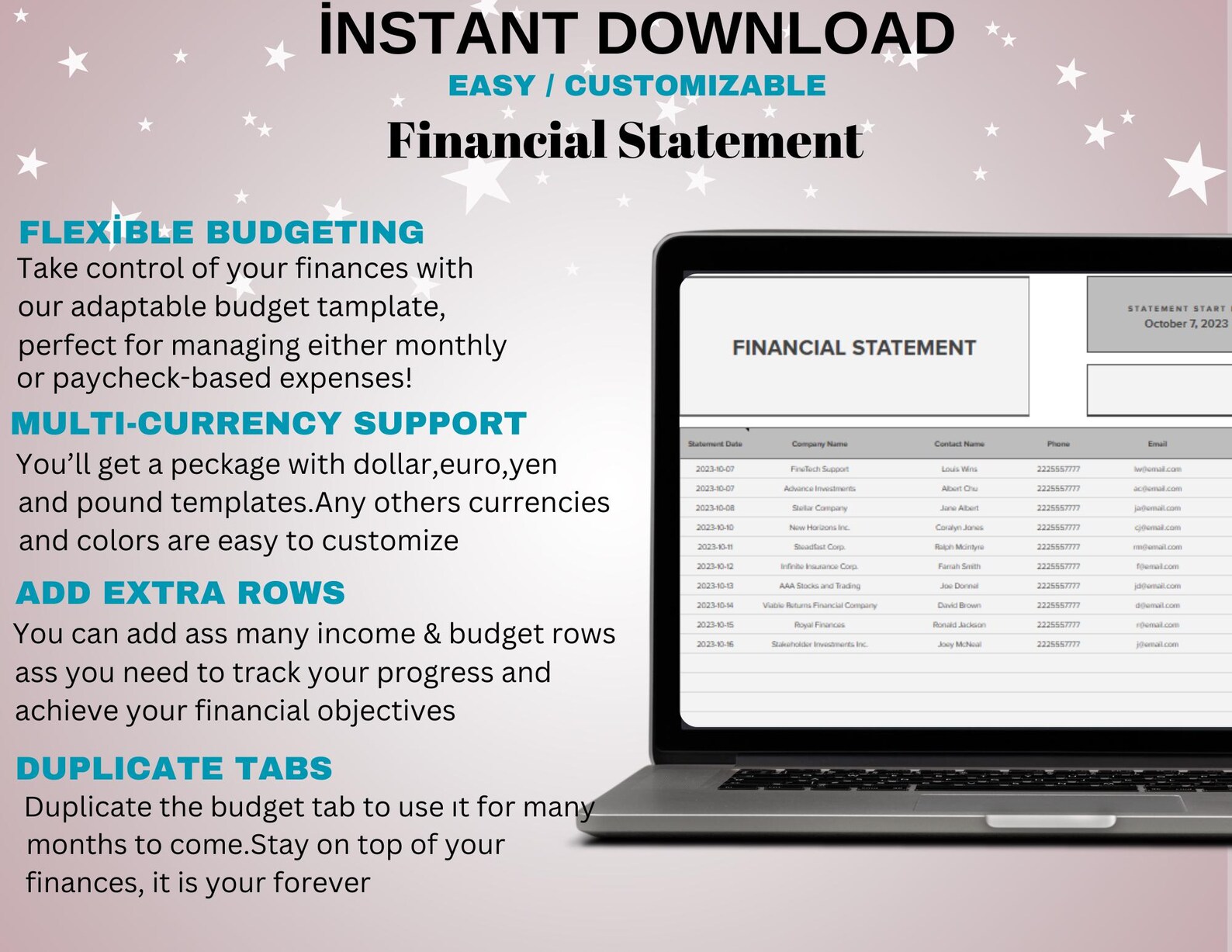 Financial Statement Template, Editable Google Sheets, Digital Download ...