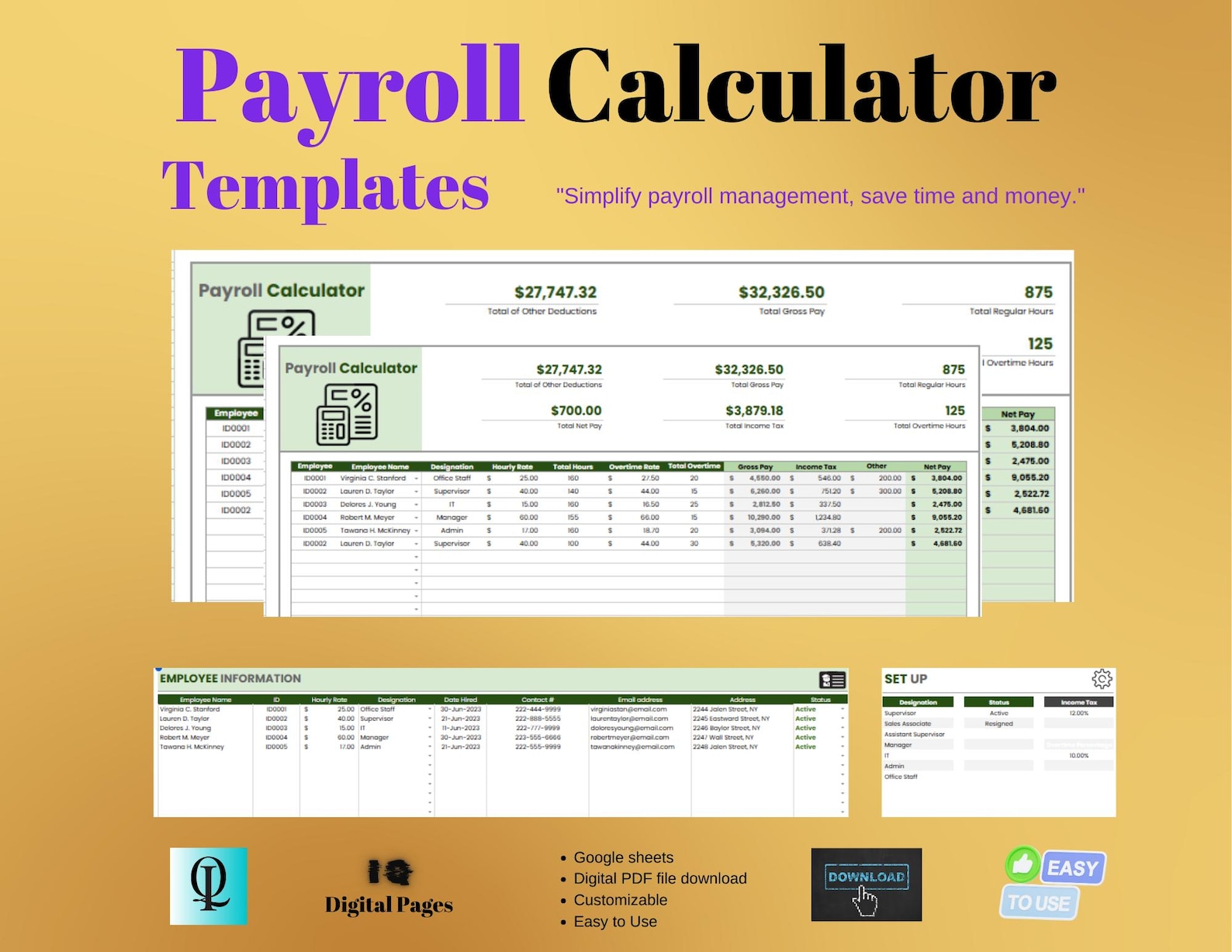 Payroll Calculator Template: Editable Google Sheets (digital Download ...