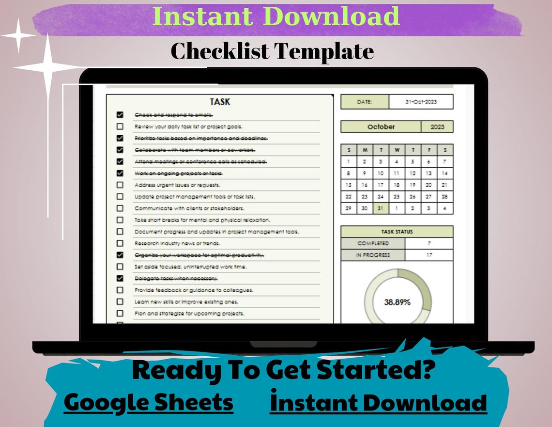 Checklist Template | Google Sheets |organize Tasks&to-dos | Easy to ...