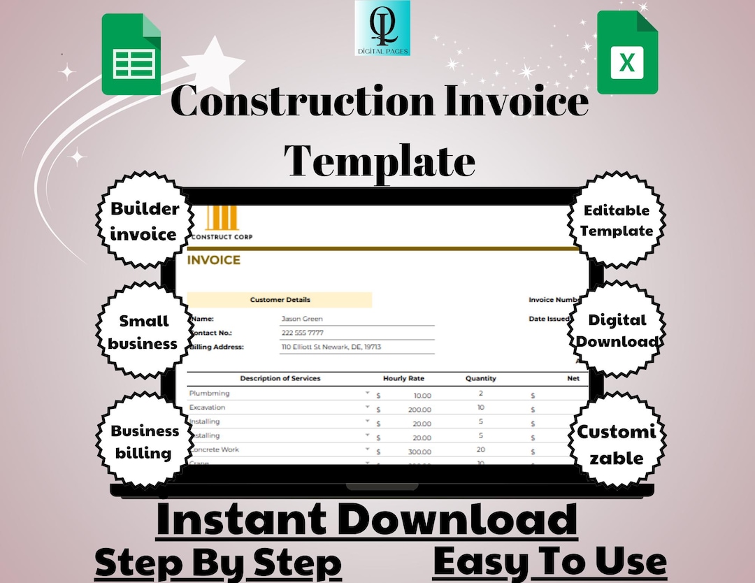 Construction Invoice Template, Digital Download, Editable Google Sheets ...