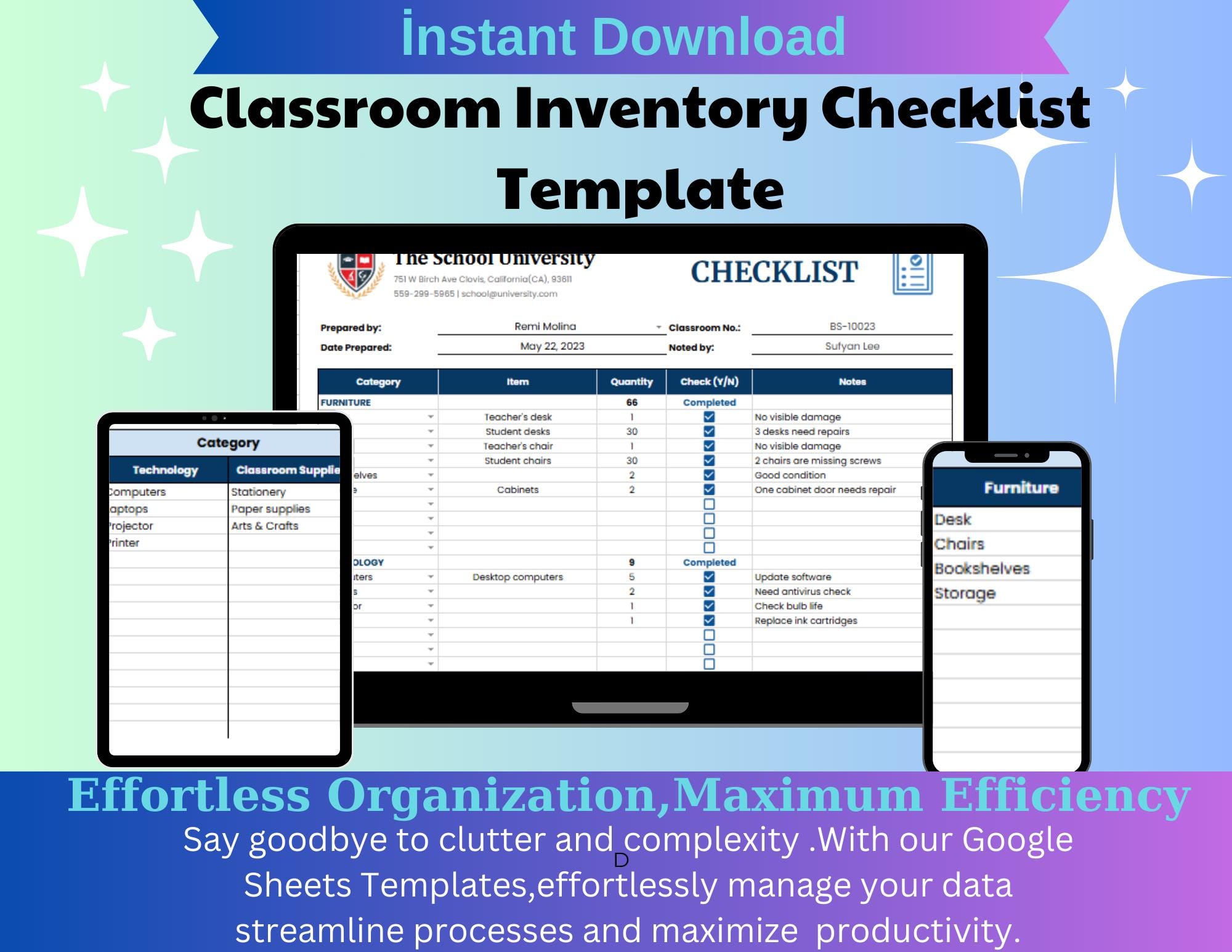 Classroom Inventory Checklist Template, Editable Google Sheets, Digital ...