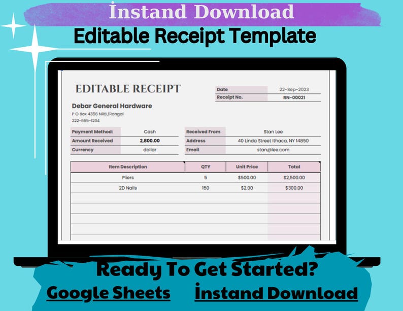 Editable Receipt Template, Google Sheets, Easy to Use Digital Download ...