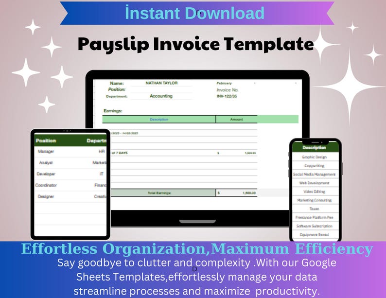 Payslip Invoice Template, Digital Download, Google Sheets, Editable ...