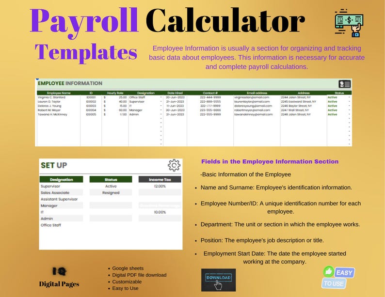 Payroll Calculator Template: Editable Google Sheets (digital Download ...