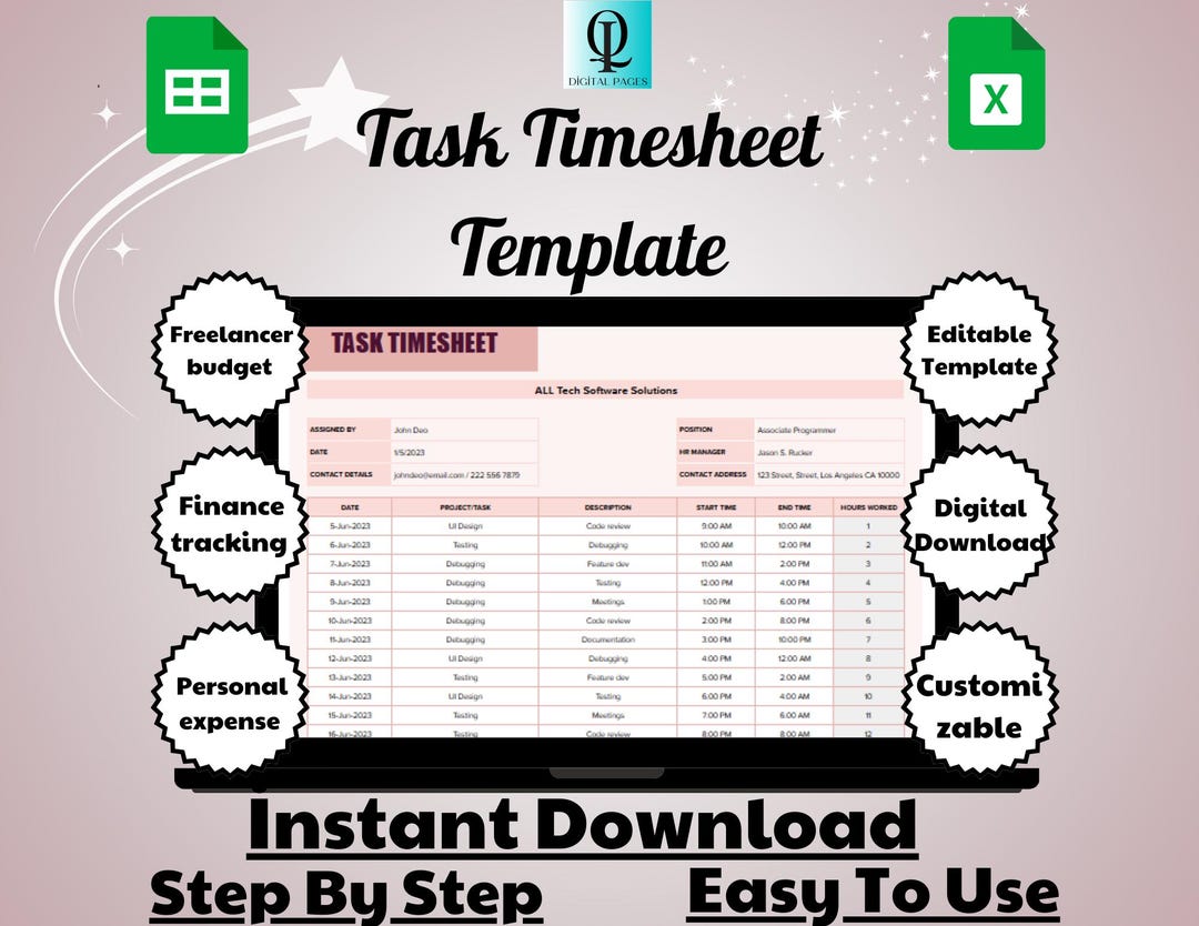 Task Timesheet Template, Digital Download, Editable & Easy to Use ...