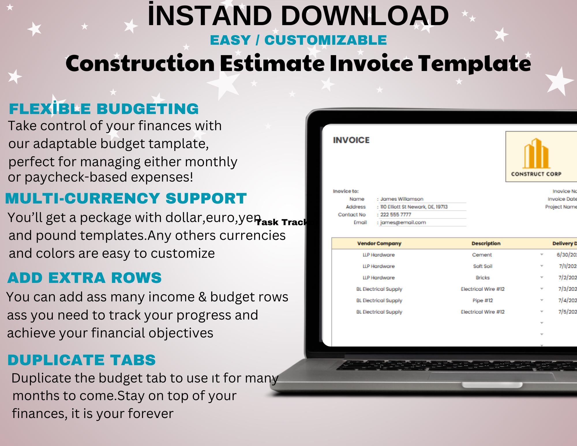 Construction Estimate Invoice Template, Digital Download, Editable ...