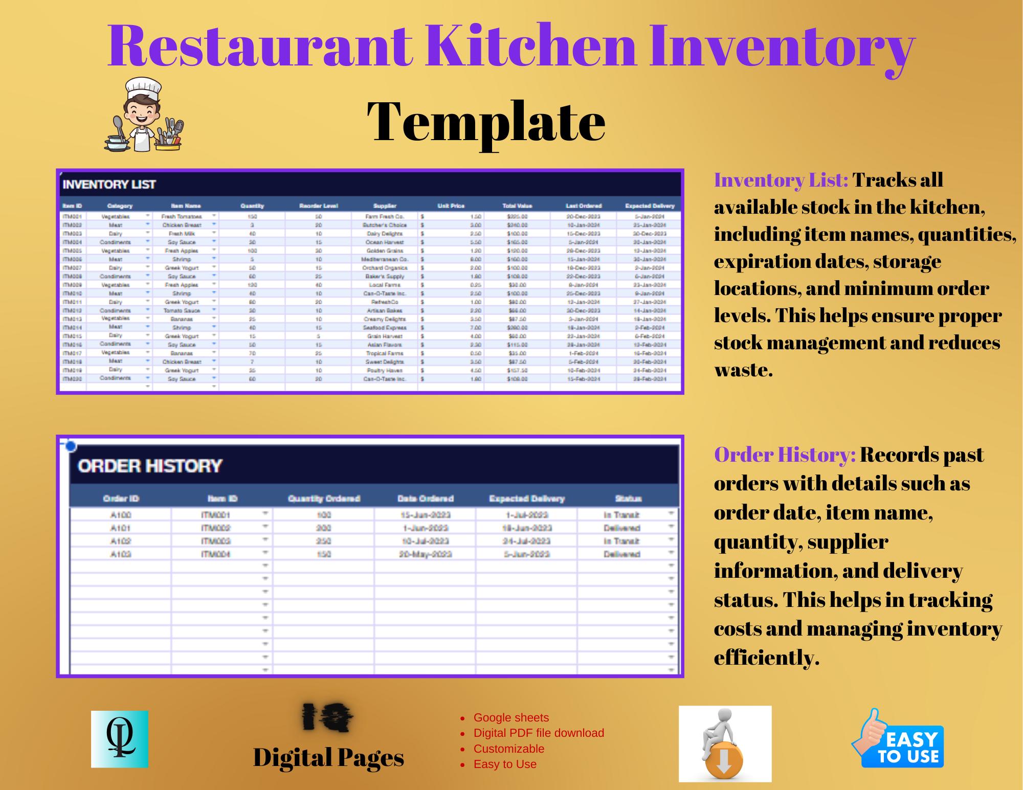 Restaurant Kitchen Inventory Template: Editable Google Sheets (digital ...