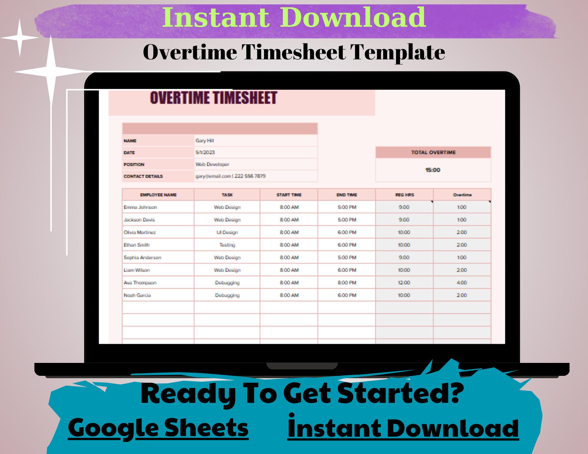 Overtime Timesheet Template, Google Sheets Work Hours Tracker, Employee ...
