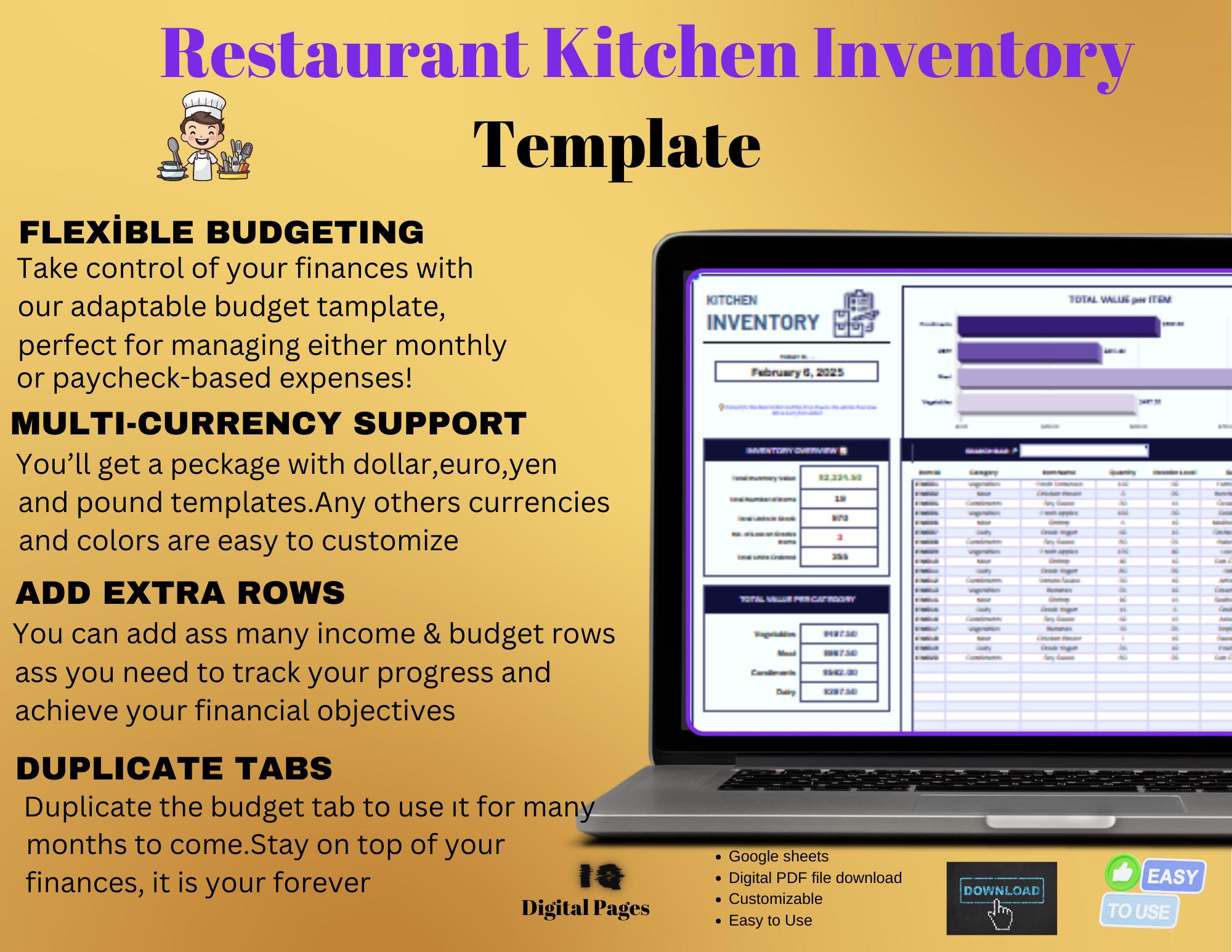 Restaurant Kitchen Inventory Template: Editable Google Sheets (digital ...