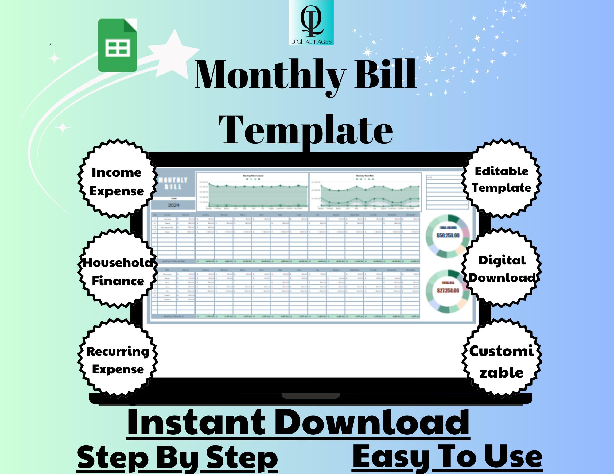 Monthly Bill Template, Editable Google Sheets, Digital Download for ...
