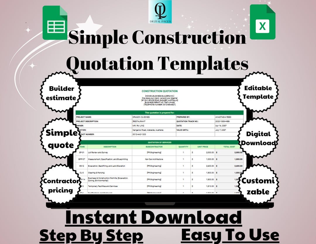 Simple Construction Quotation Templates, Digital Download, Editable ...