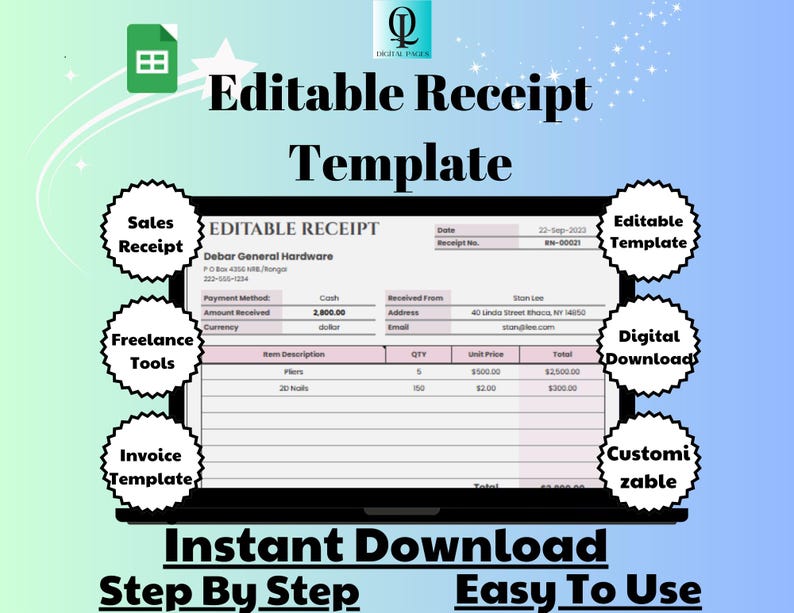 Editable Receipt Template, Google Sheets, Easy to Use Digital Download ...
