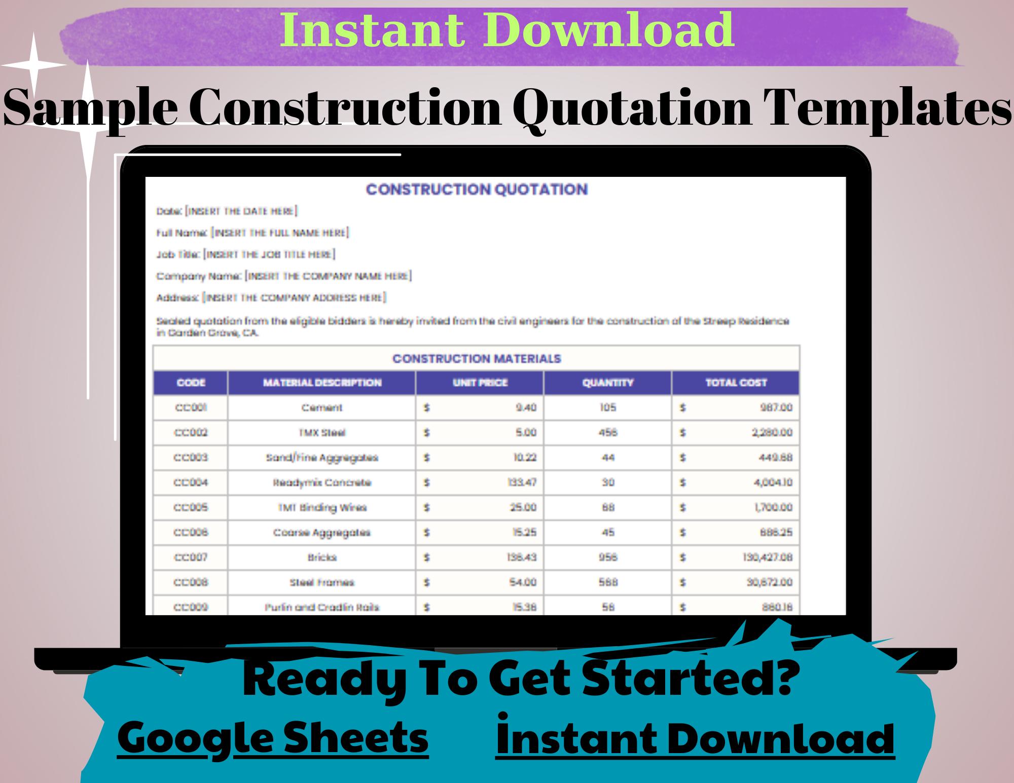 Sample Construction Quotation Templates, Digital Download, Editable ...