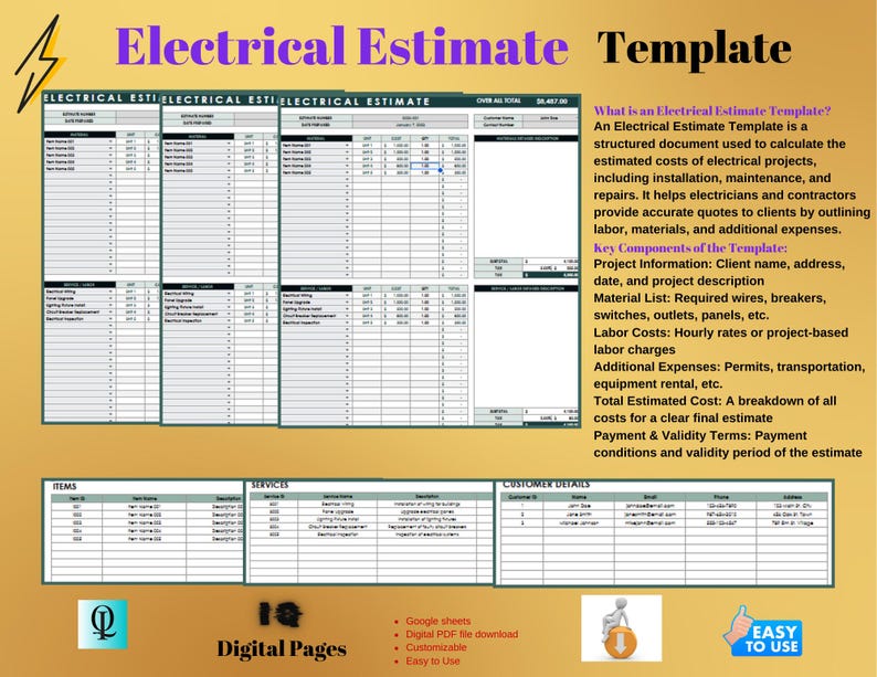 Electrical Estimate Template, Editable Google Sheets, Easy to Use ...