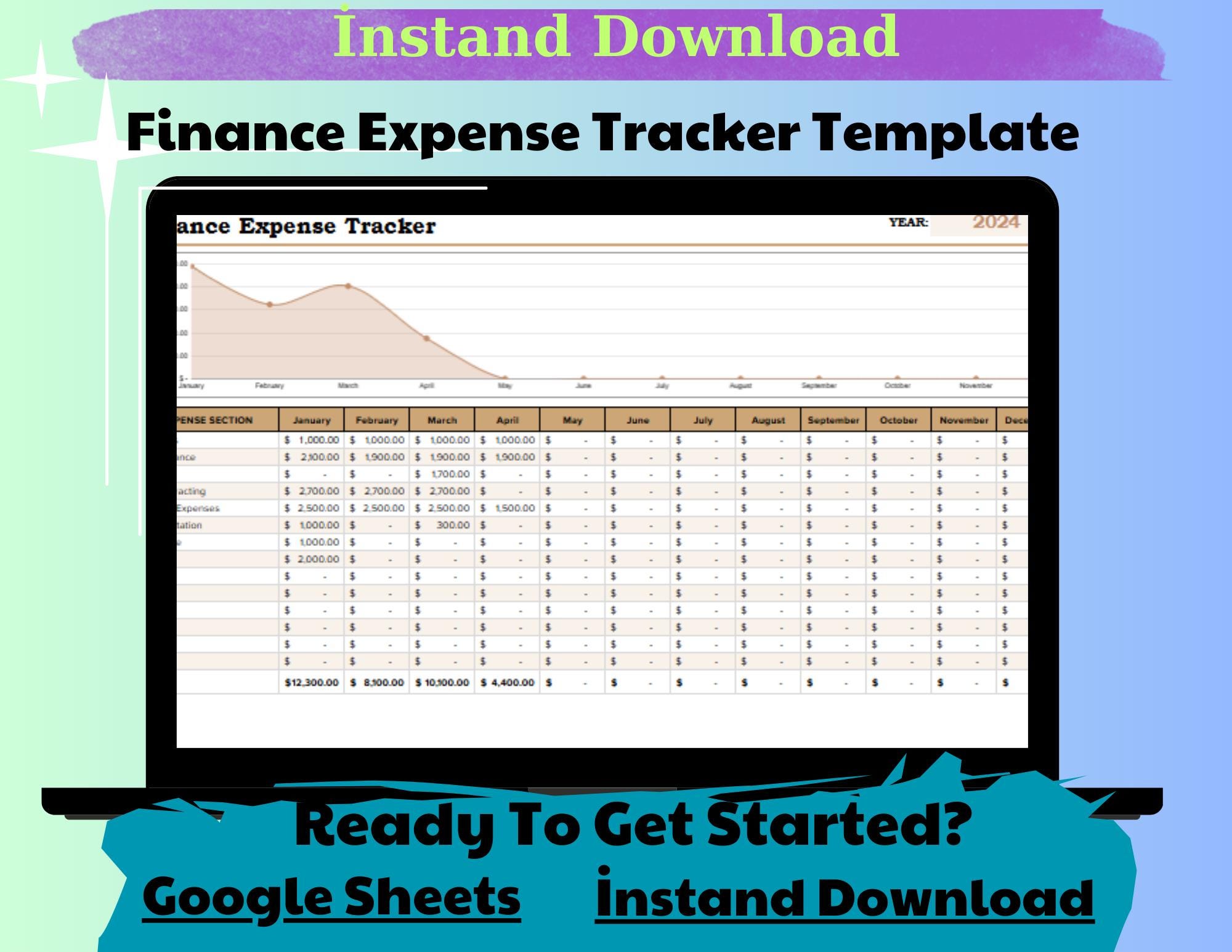 Finance Expense Tracker Template, Editable Google Sheets, Digital ...