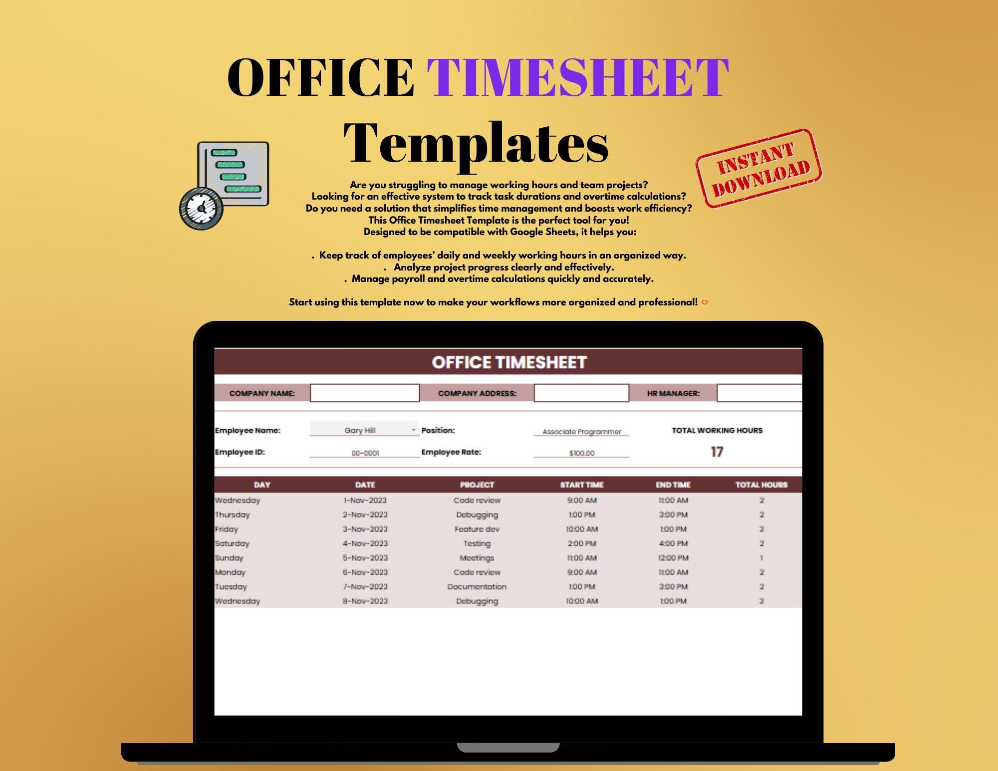 Office Timesheet Templategoogle Sheetstrack Work Hours&attendanceeasy ...