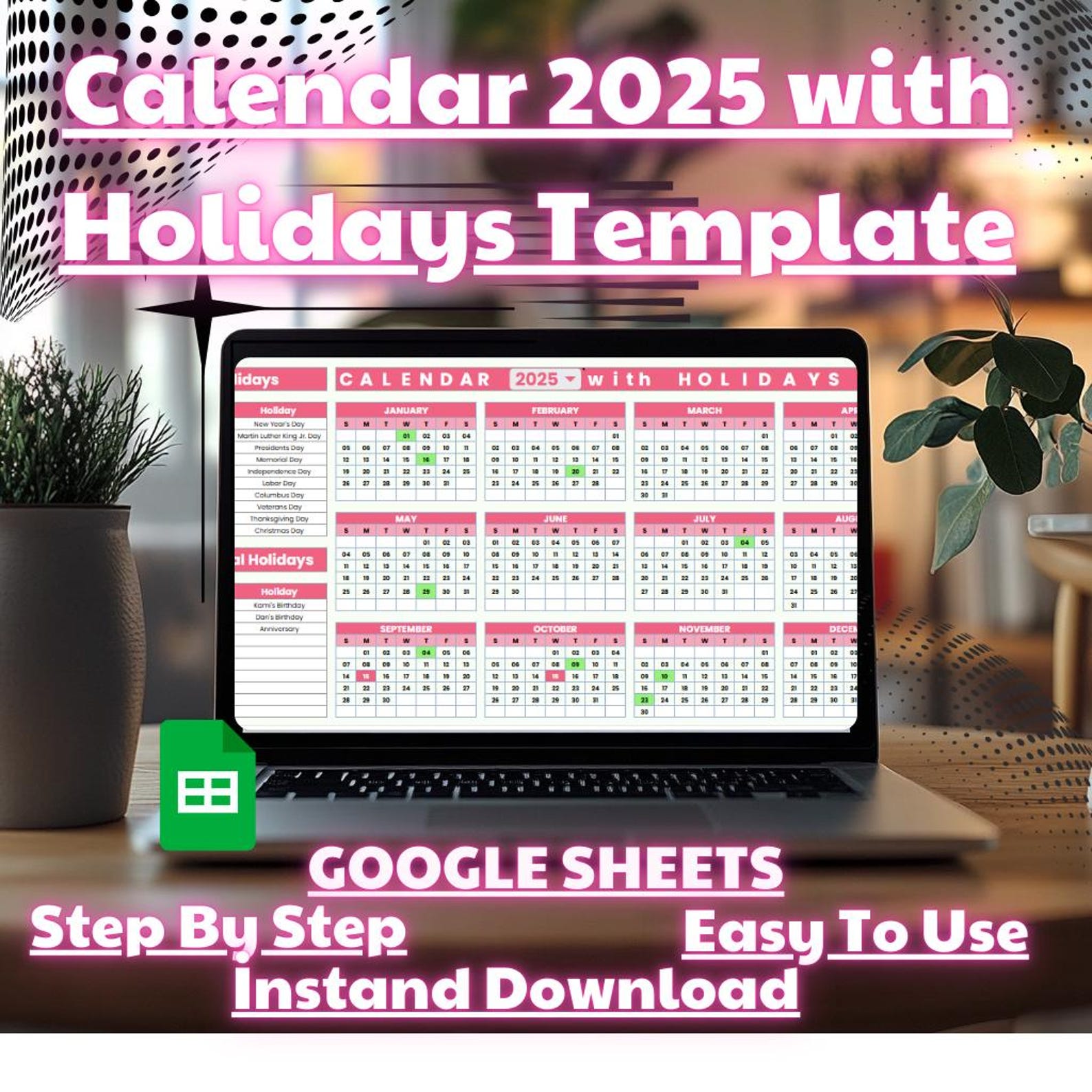 2025 Calendar With Holidays Template: Printable Yearly Planner (digital ...