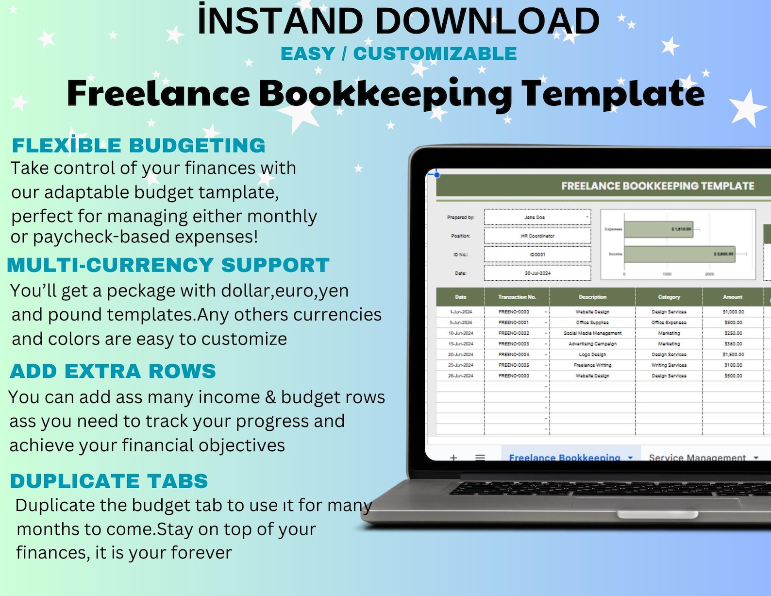 Freelance Bookkeeping Template,editable Google Sheets,digital Download ...